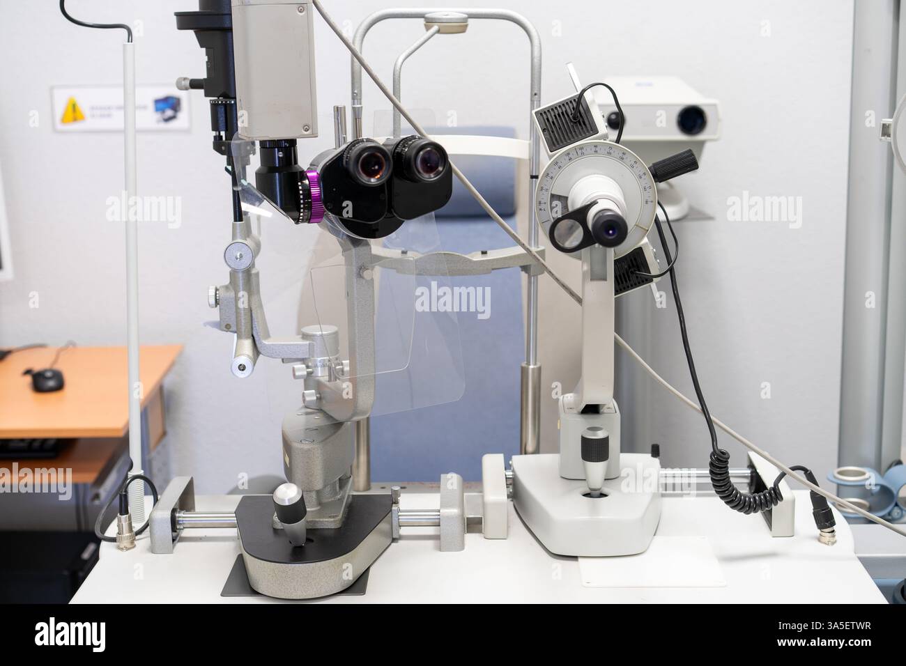 Close-up of a slit lamp in an ophthalmology clinic used to examine the ...
