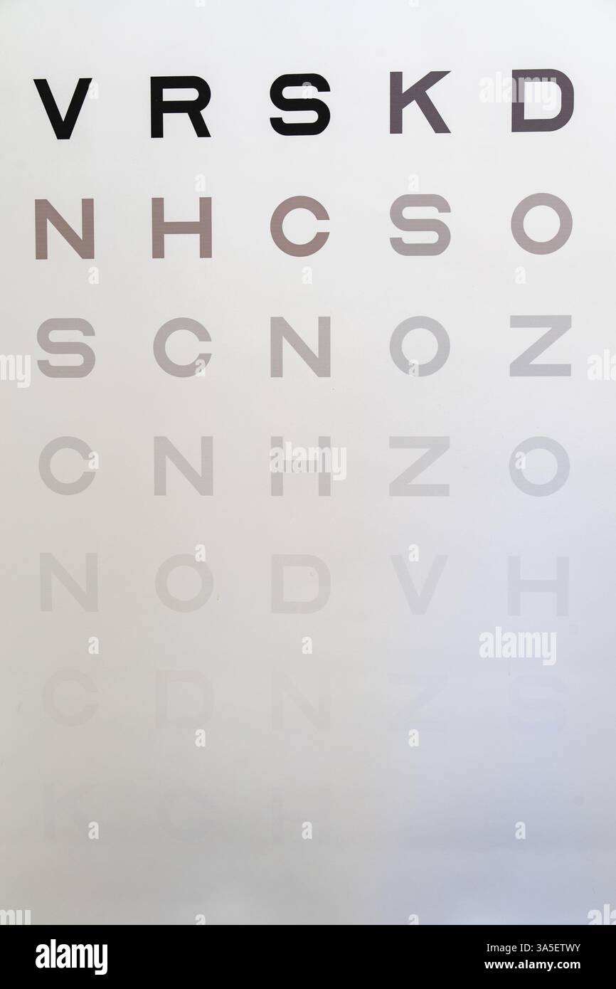 Eye chart test on a white background. Close up of eye test vision with ...