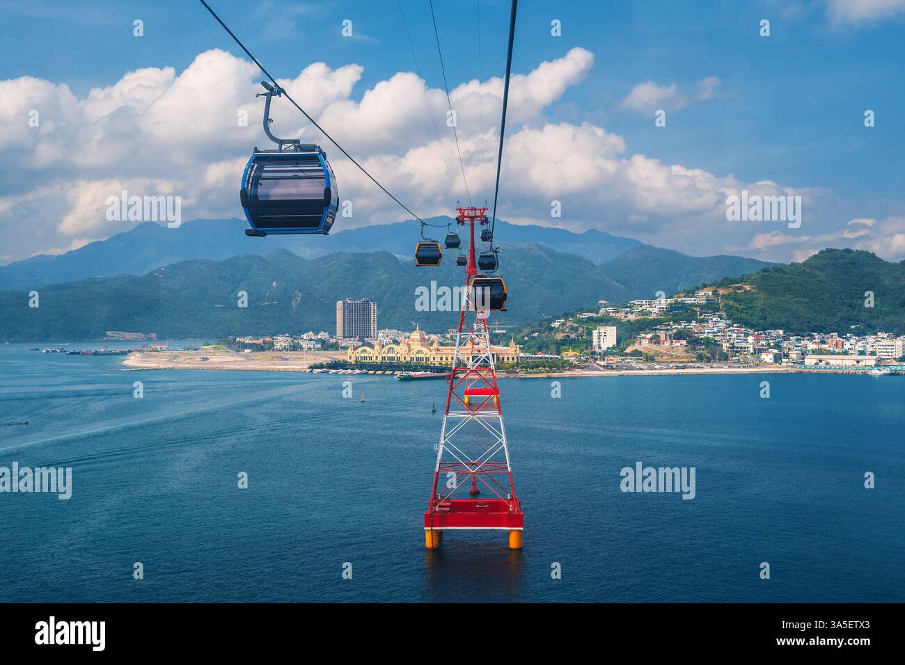 ropeway of cableway over the sea to Hon Tre Island at Vinpearl ...
