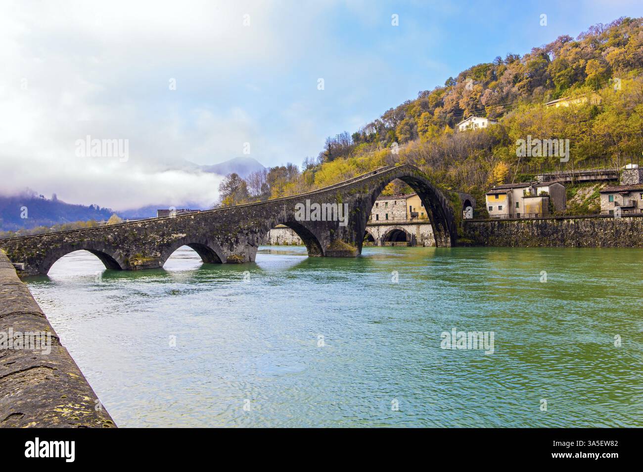 Italy, province of Tuscany. Bridge of Mary Magdalene in Borgo a Mozzano ...