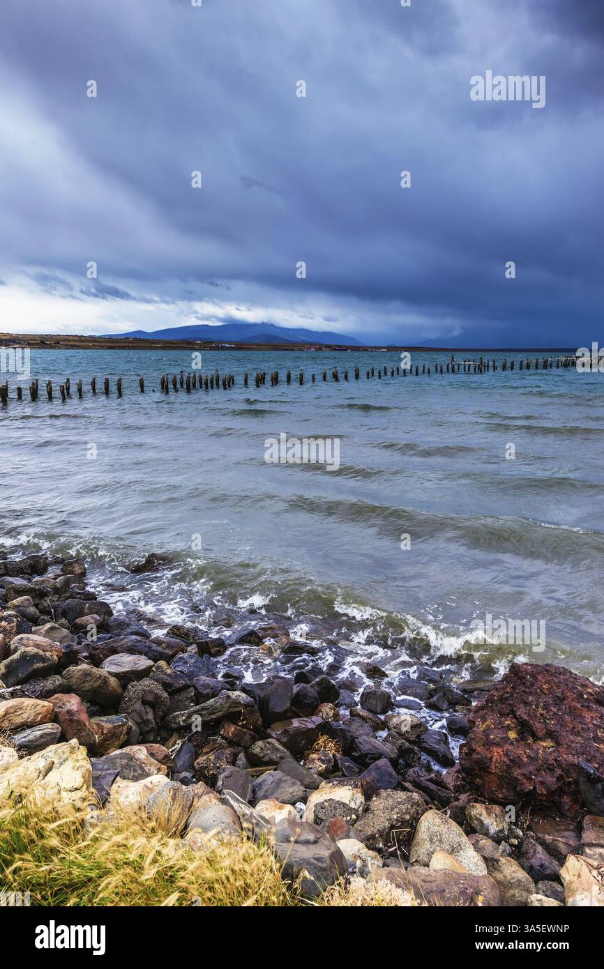 Piles of ruined pier protruding from the water. Strait of Magellan ...