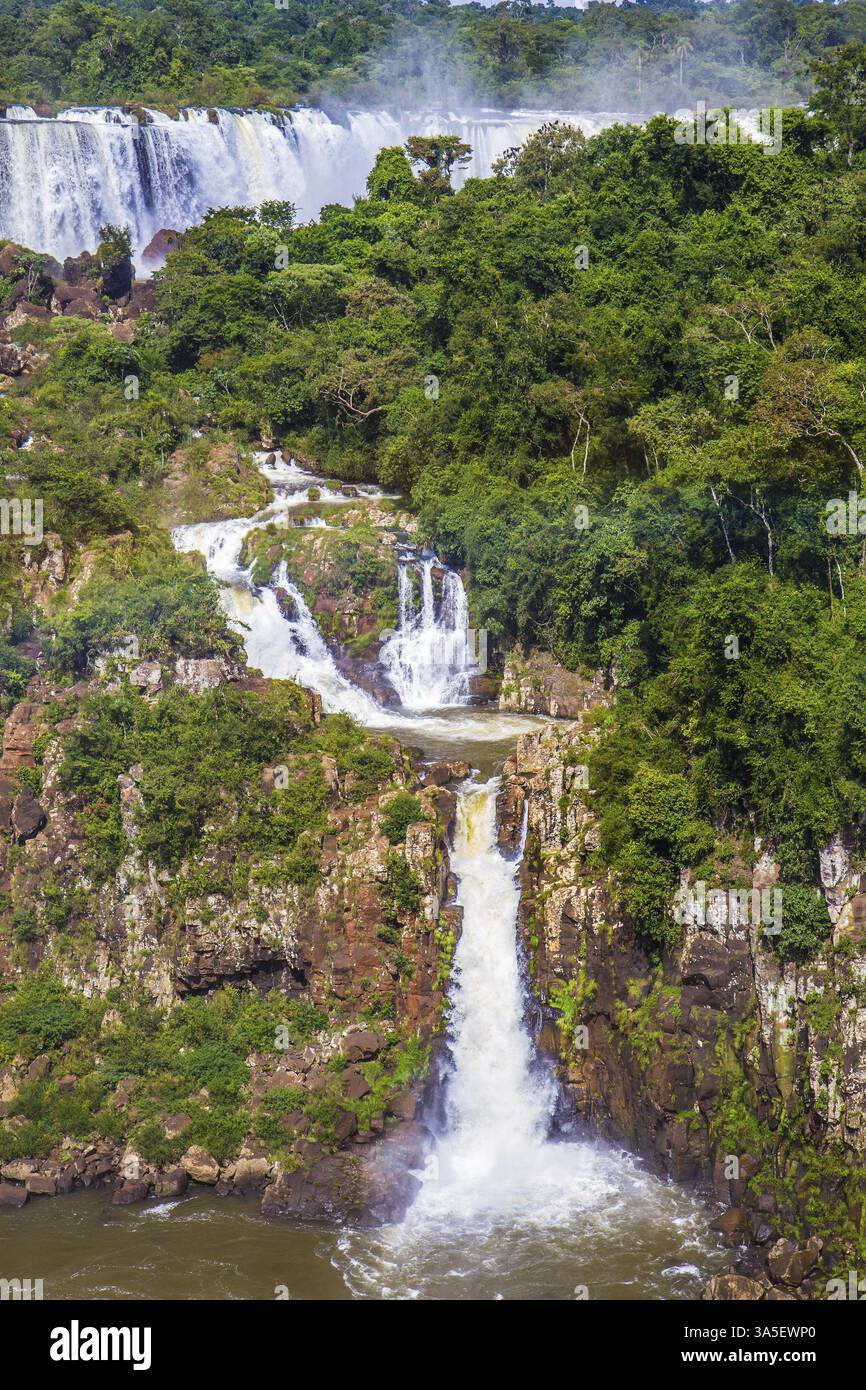 Multistage system of waterfalls creates rainbow. Iguazu Falls National ...