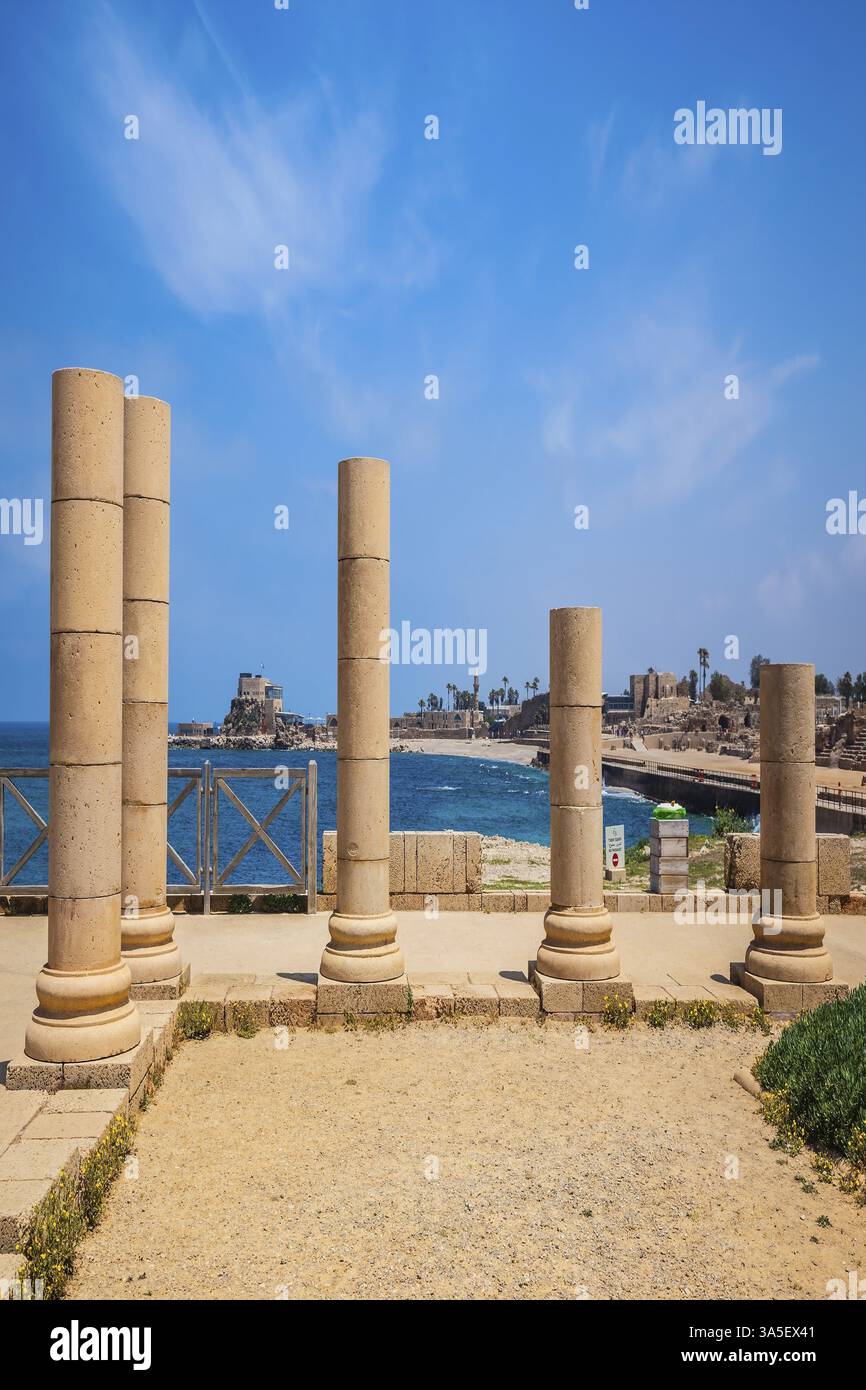 The scenic part of Caesarea National Park. Ancient columns from the ...