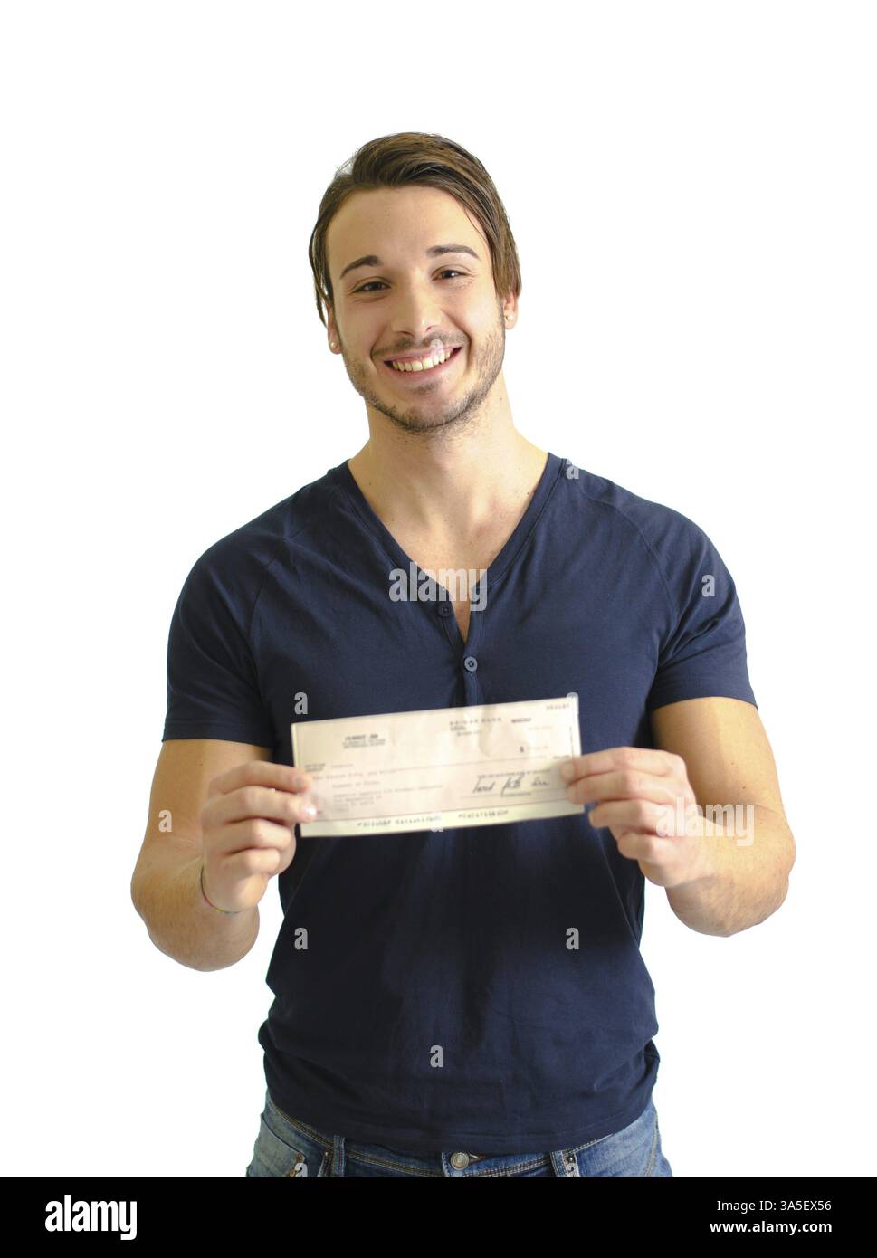Happy, smiling young man with check (cheque) in hands, looking at ...