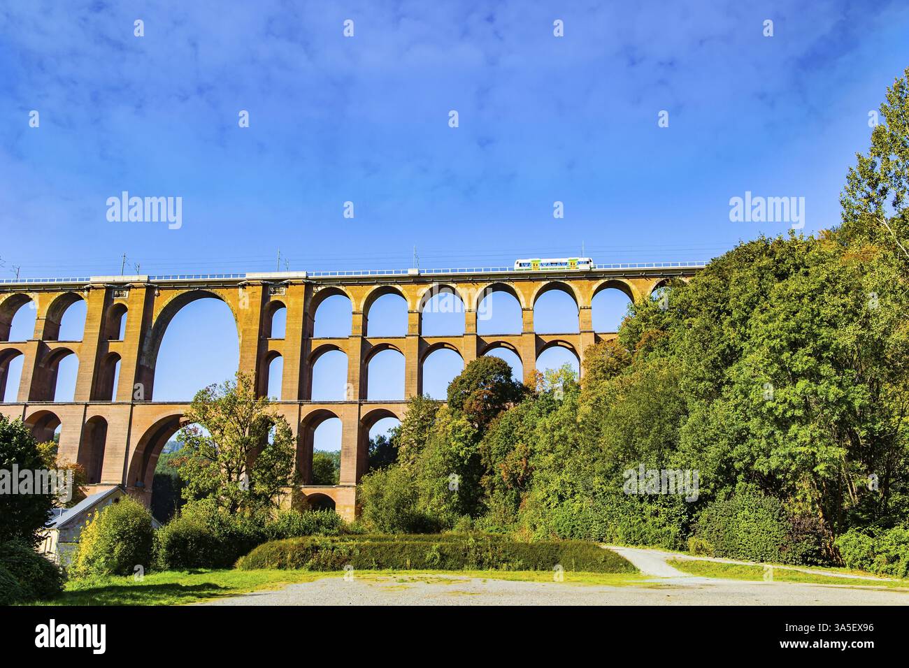 The train passes over the bridge into a beautiful green park. The ...