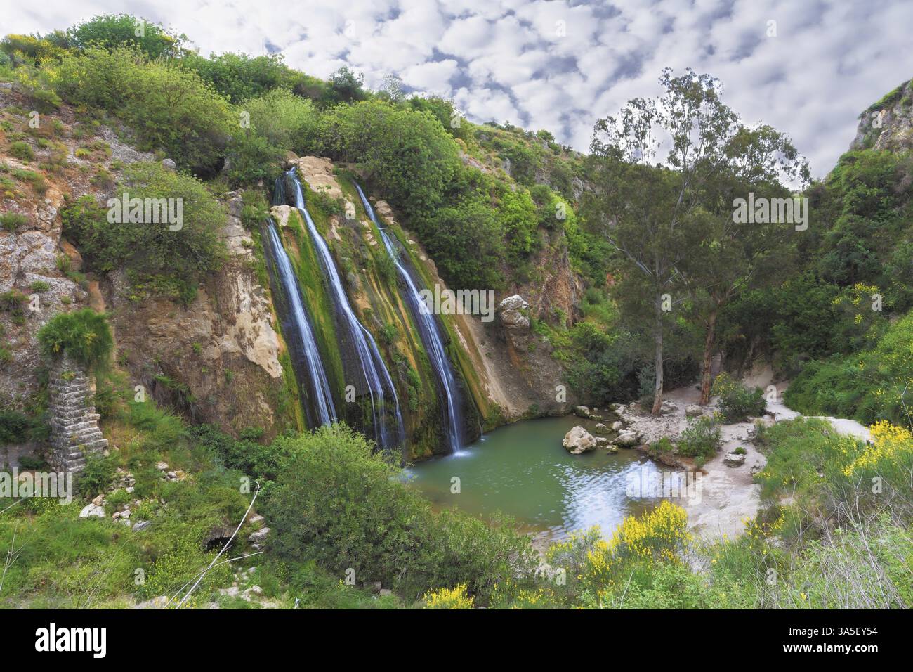 Three parallel streams of water running down the steep slope and fall ...