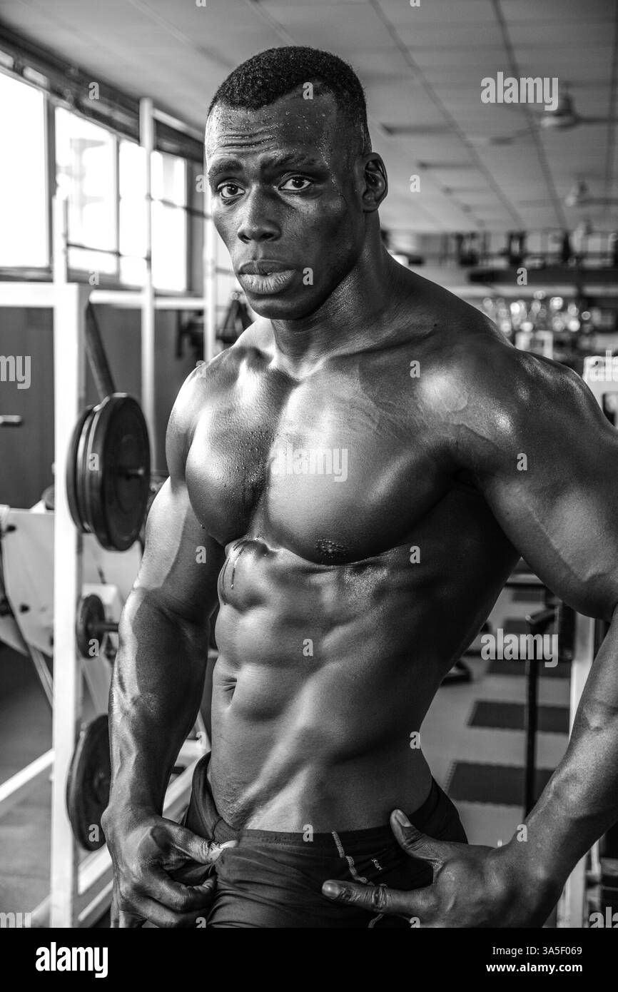 Attractive hunky black male bodybuilder doing bodybuilding pose in gym ...
