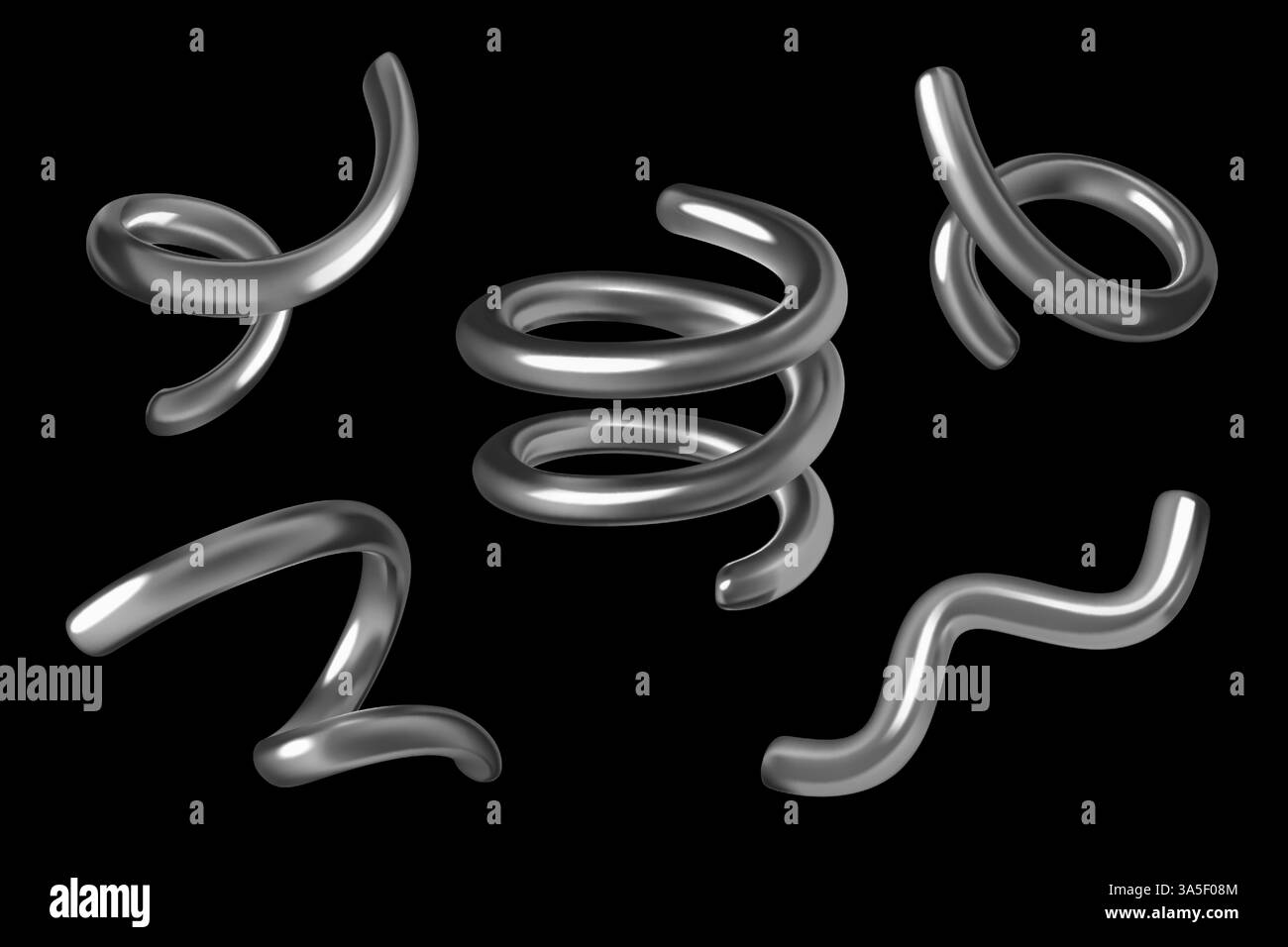 3D chrome spiral curves and springs abstract silver metallic vector ...