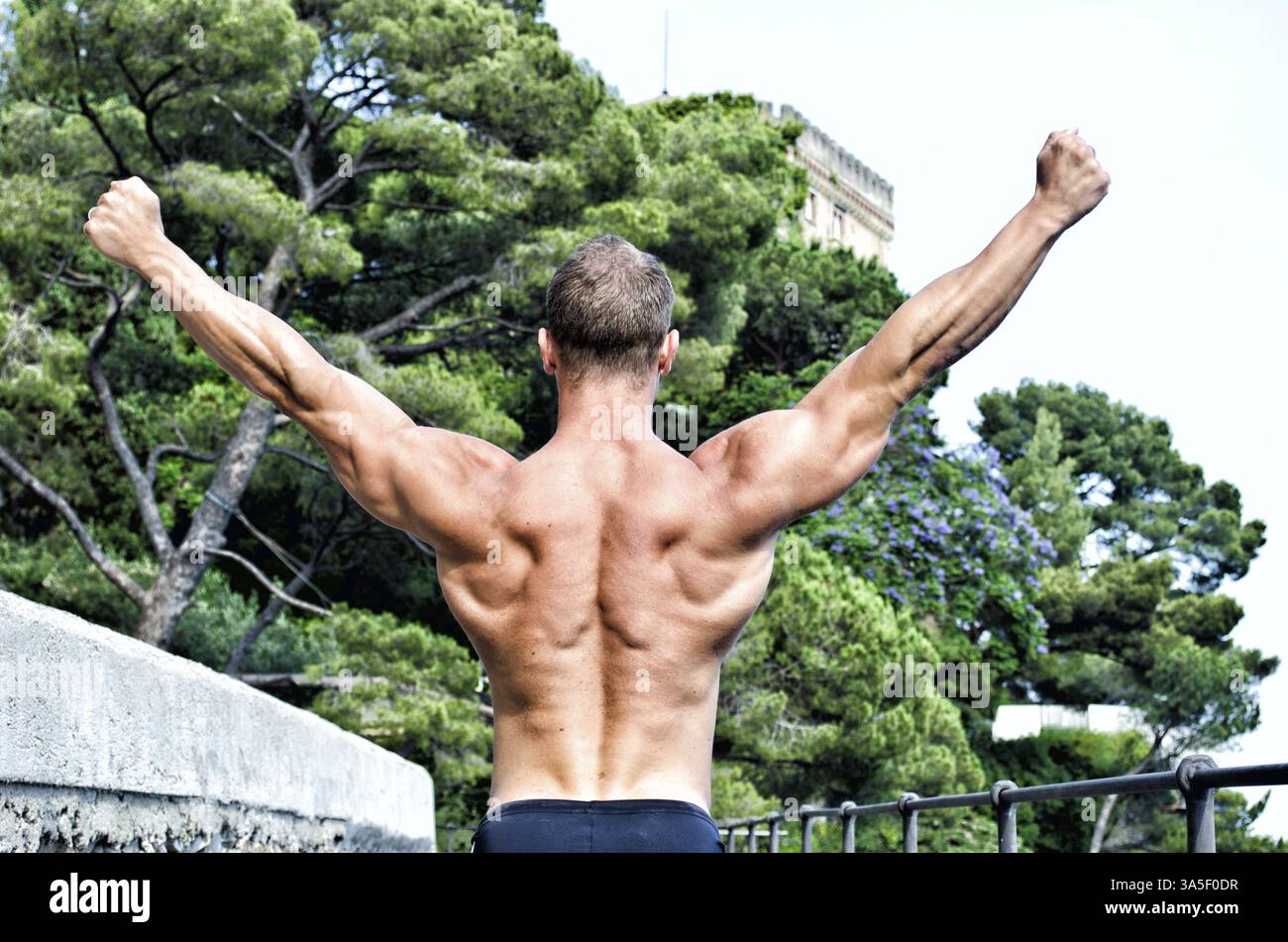 Muscular bodybuilder with hands up for victory, showing back, shoulders ...