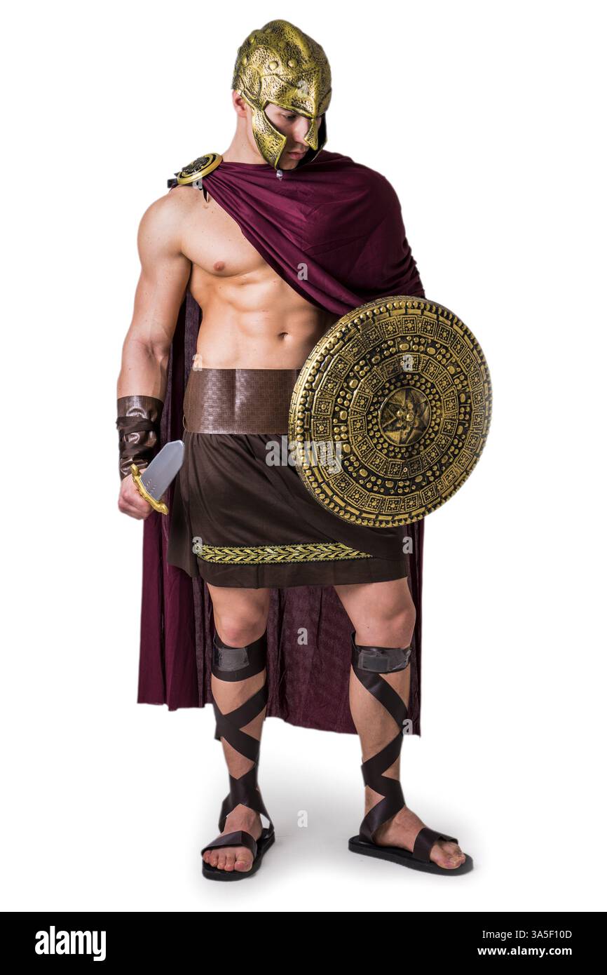 Young handsome muscular man posing in roman or spartan gladiator ...