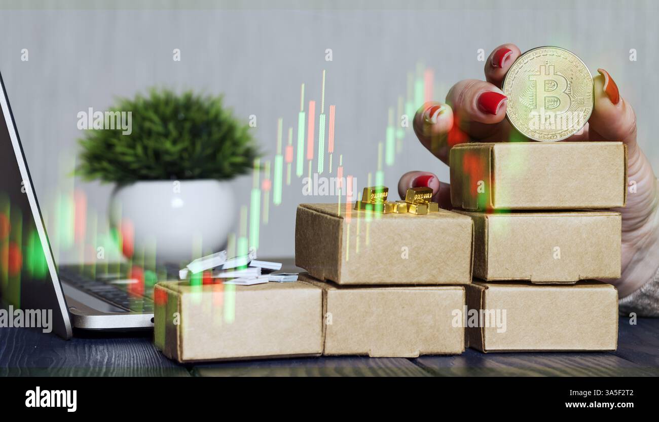 Cryptocurrency and precious metals investment workspace with bitcoin ...