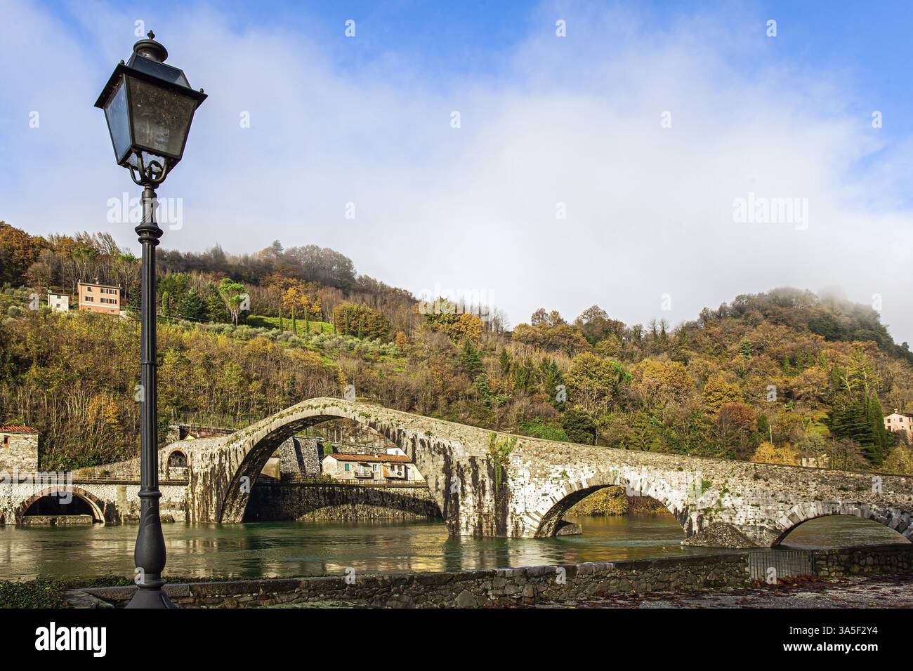 Devil's Bridge over the Sercchio River. Cold windy winter day. Travel to fabulous Italy ...