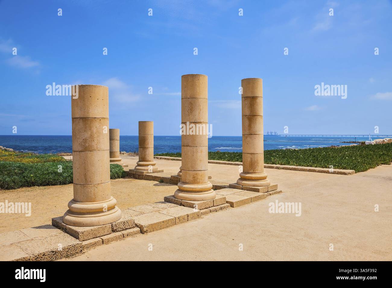 Ancient columns from the Roman period on Mediterranean coast. The ...