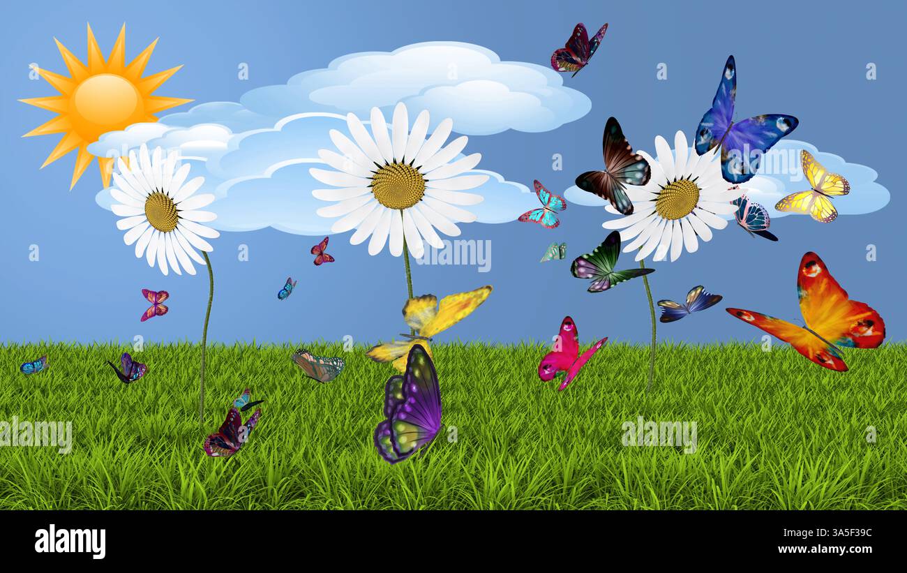 3d illustration. Spring Summer. Flowers and butterflies on green lawn ...
