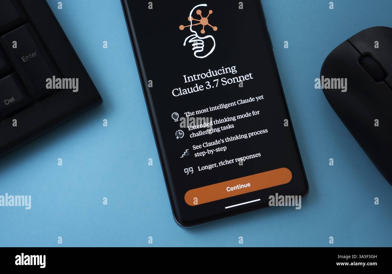 A smartphone screen featuring the introduction of Claude 3.7 sonnet ...
