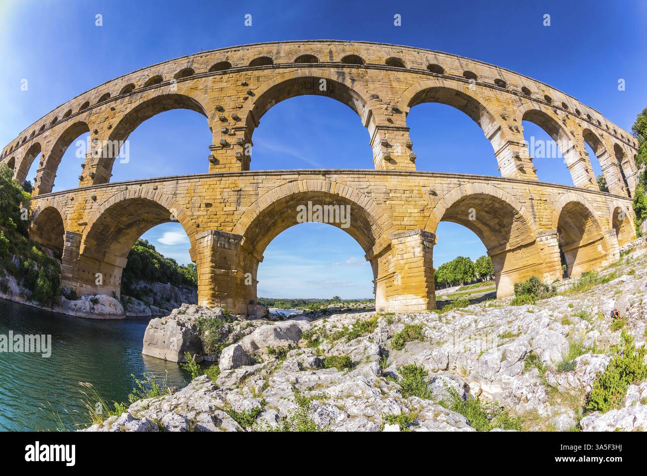Three-tiered aqueduct bridge Pont du Gard was built in Roman times on ...