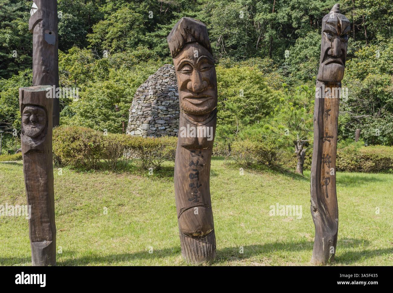 Chilgapsan, South Korea, October 2, 2020: Three Korean totem poles in ...