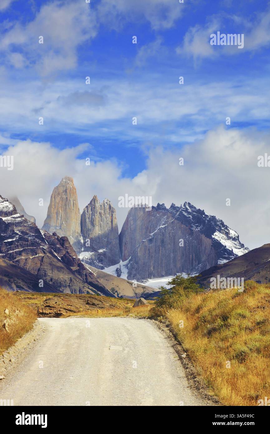 National Park in southern Chile. Dirt road to the famous Torres del ...