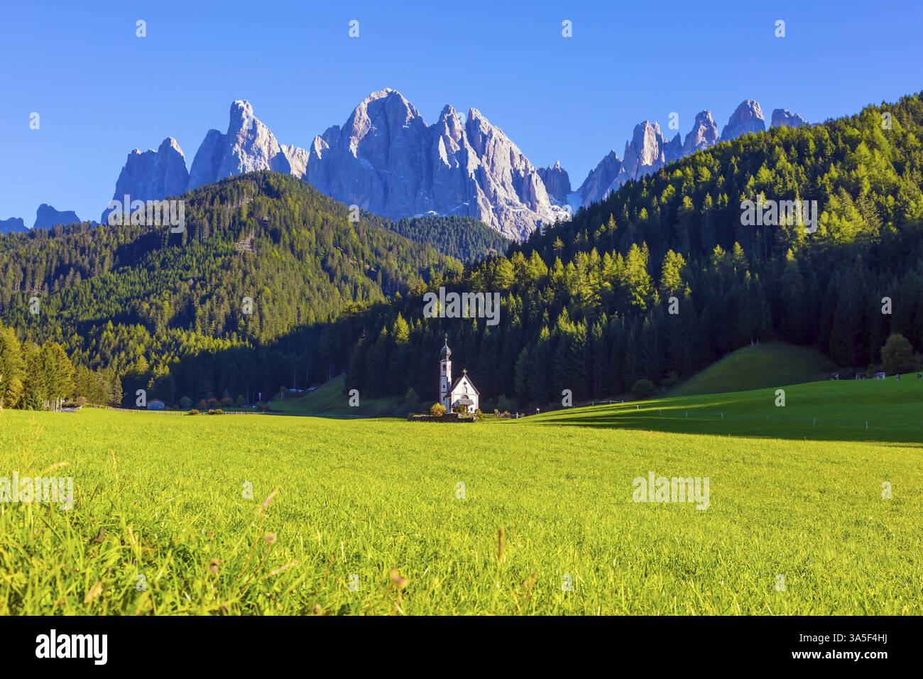 Italy, Tyrol. Small white church with a bell among green lawns on the ...
