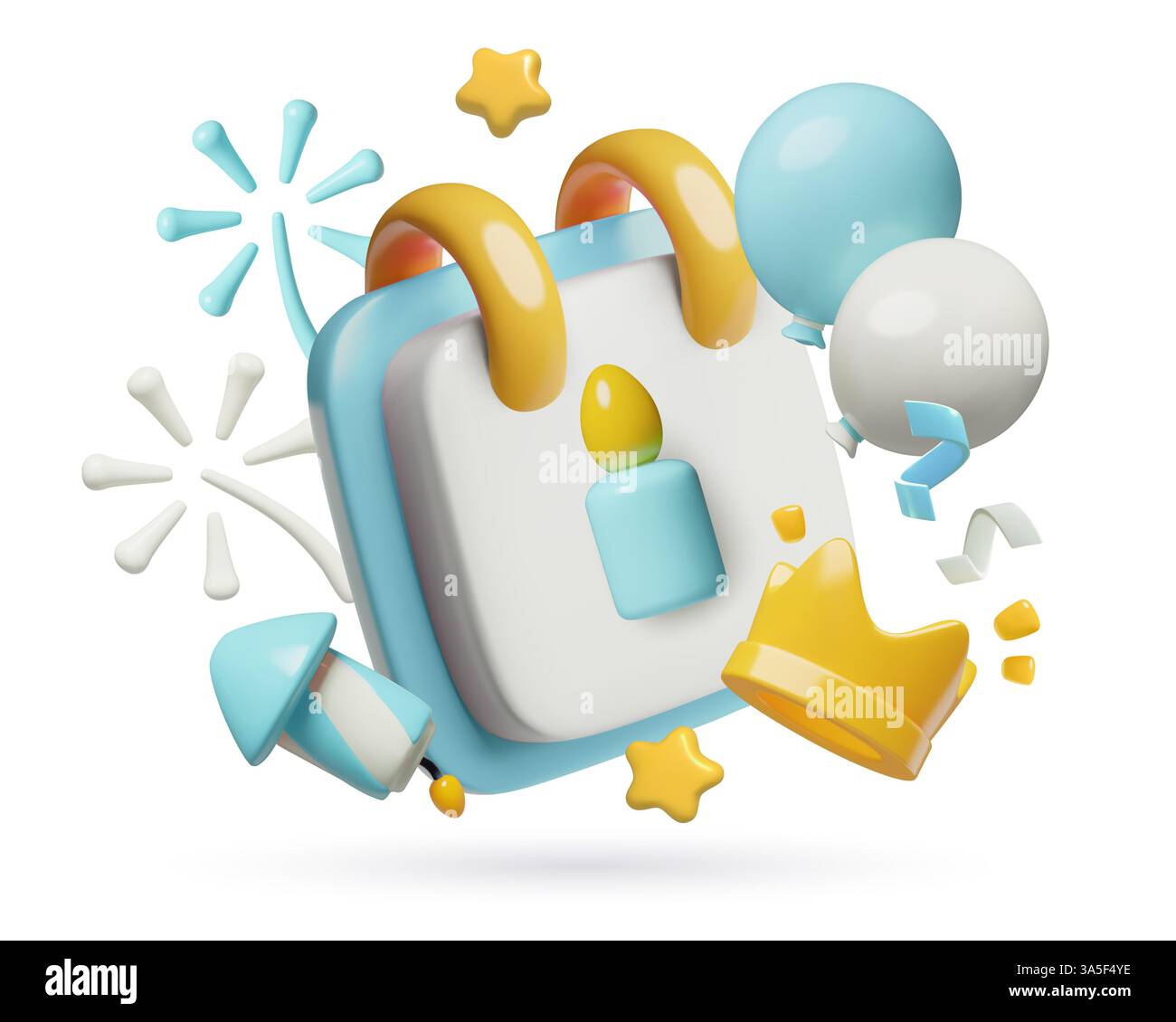 3D birthday party celebration emoji with blue calendar candle crown ...