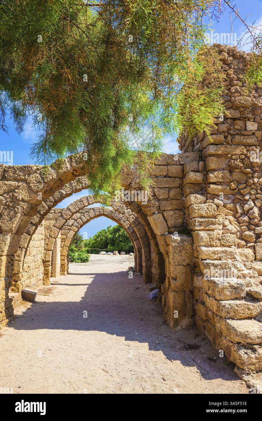 Ancient arched ceiling of stalls. National park Caesarea on the ...