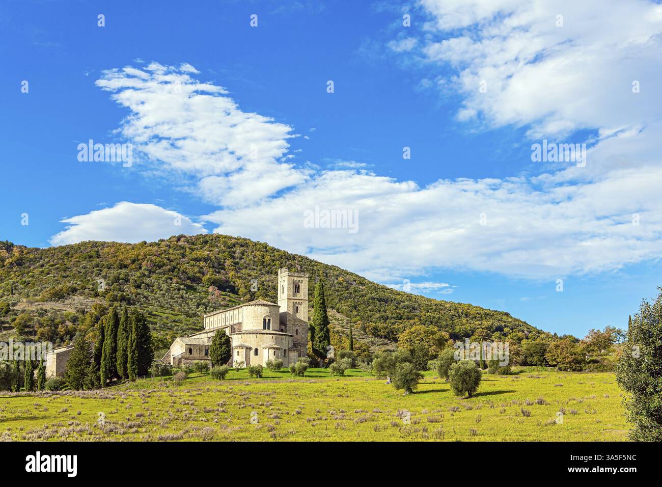 The magnificent snow-white abbey among green grassy hills and slender ...