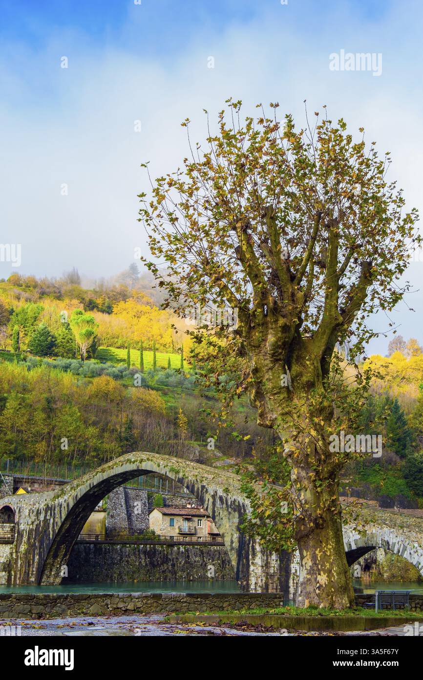 The old name of the bridge is Devil's Bridge. Italy, Lucca. The emerald ...