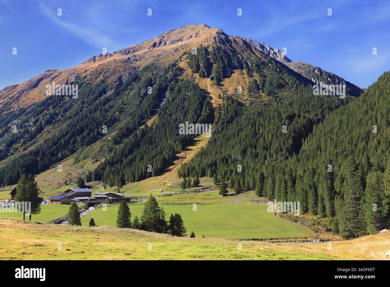 Sunny day in the Austrian Alps. Green meadows in the valley and ...