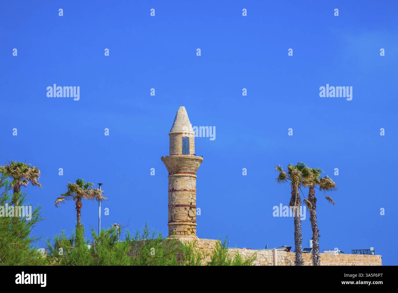 National park Caesarea on the Mediterranean Sea. Minaret and ...
