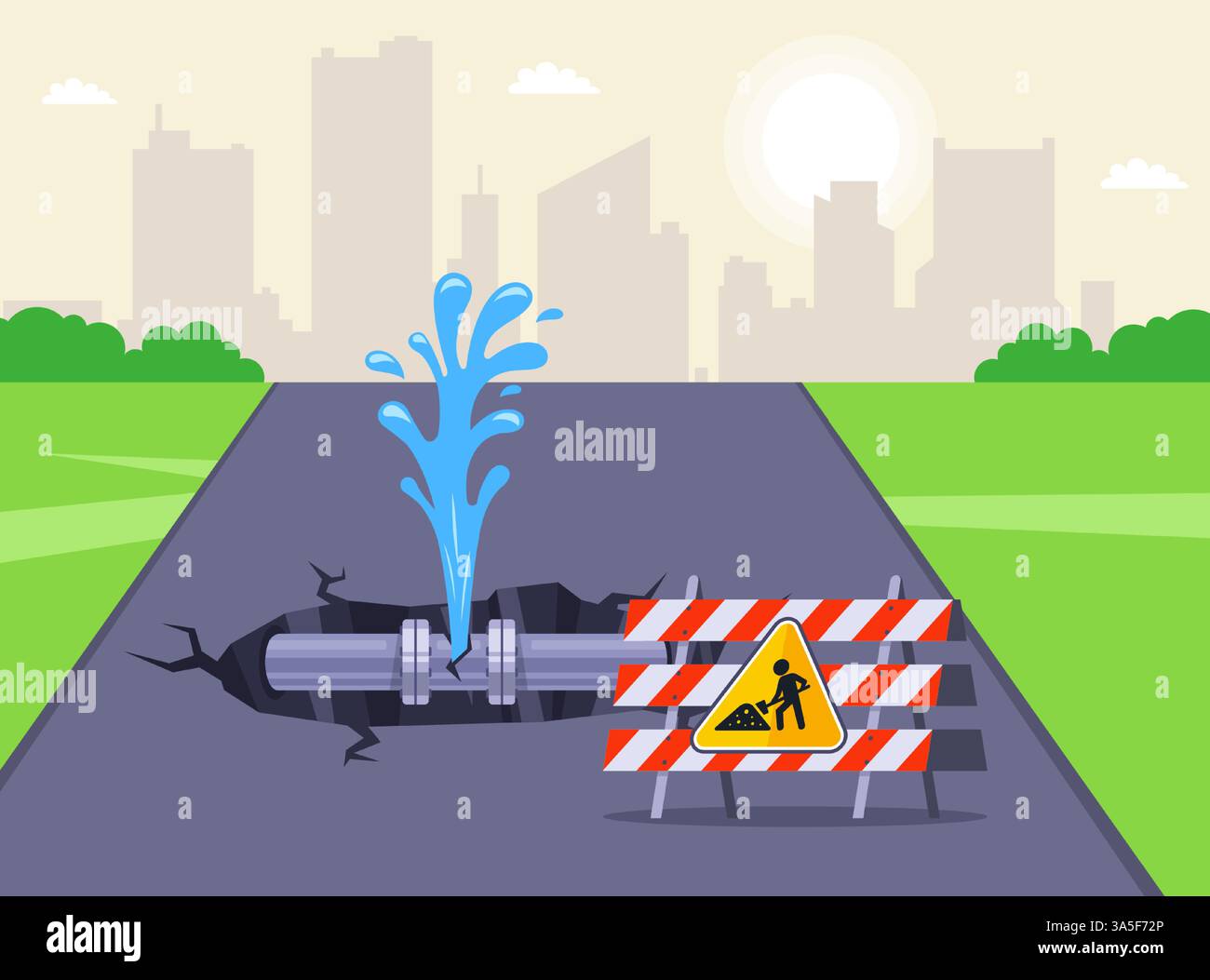 water pipe break on city road. Flat illustration Stock Vector Image ...