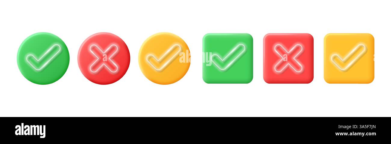 Realistic right and wrong buttons in 3D style with neon elements. Set ...