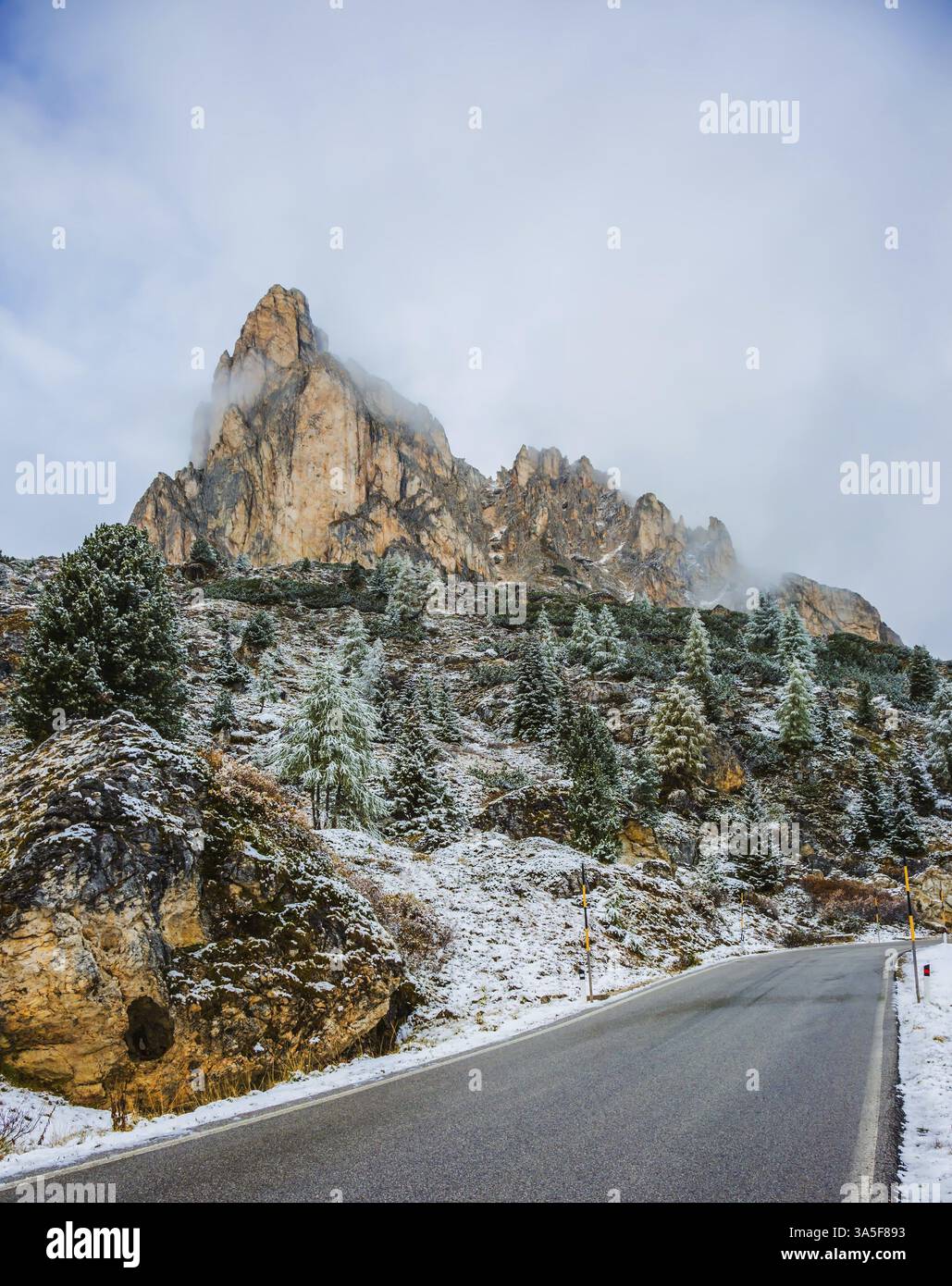 Dolomites in Northern Italy. First snow on mountain passes Giau. Great ...
