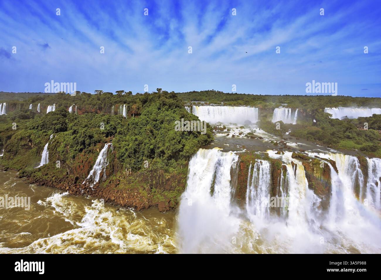 Roaring falls in South America - Iguazu. Foamy streams fall between the ...