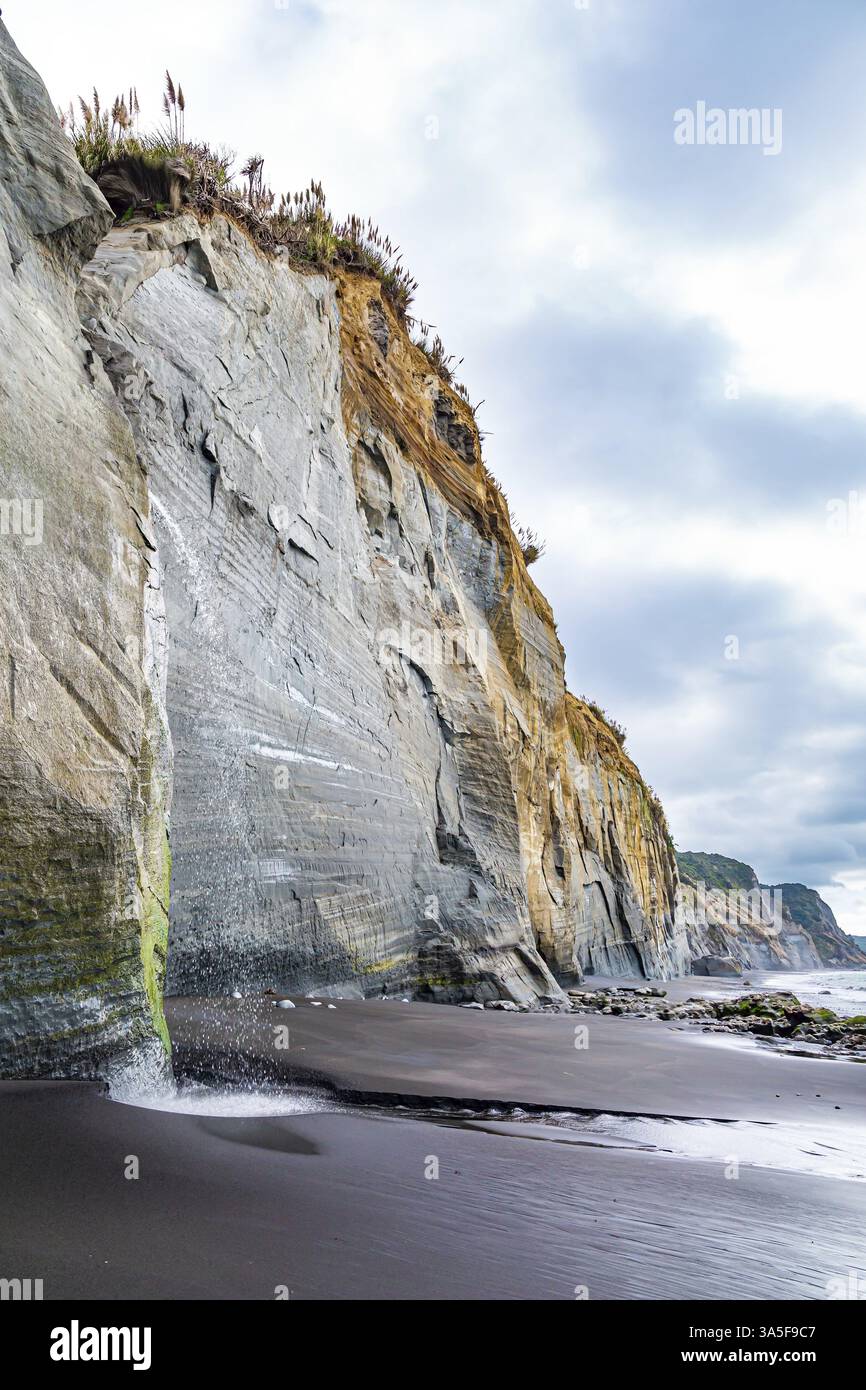 Sheer White Cliffs of the Pacific coast of northern Taranaki. Low tide ...