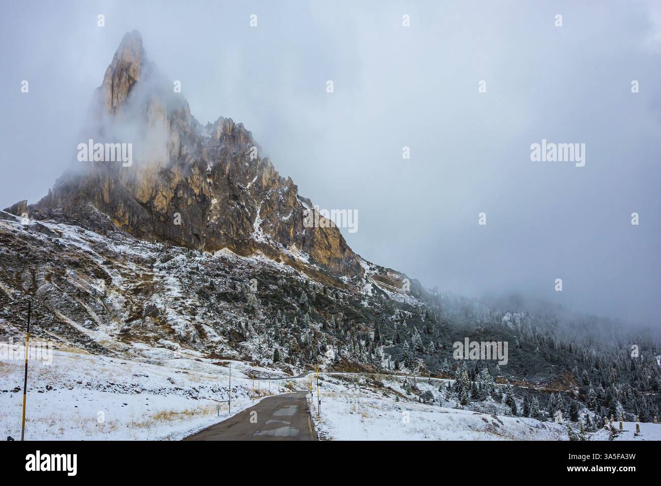 Dolomites in Northern Italy. First snow on mountain passes Giau. Great ...