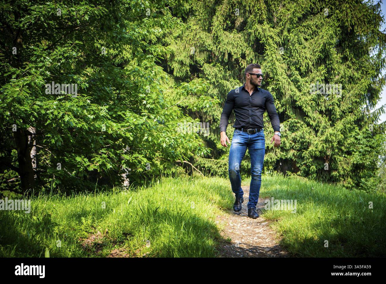 Handsome Muscular Hunk Man Outdoor in City Park, During Daytime ...