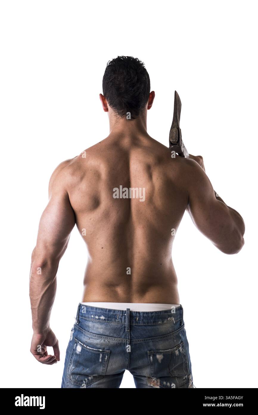 Muscle man with axe back view on white background Stock Photo - Alamy