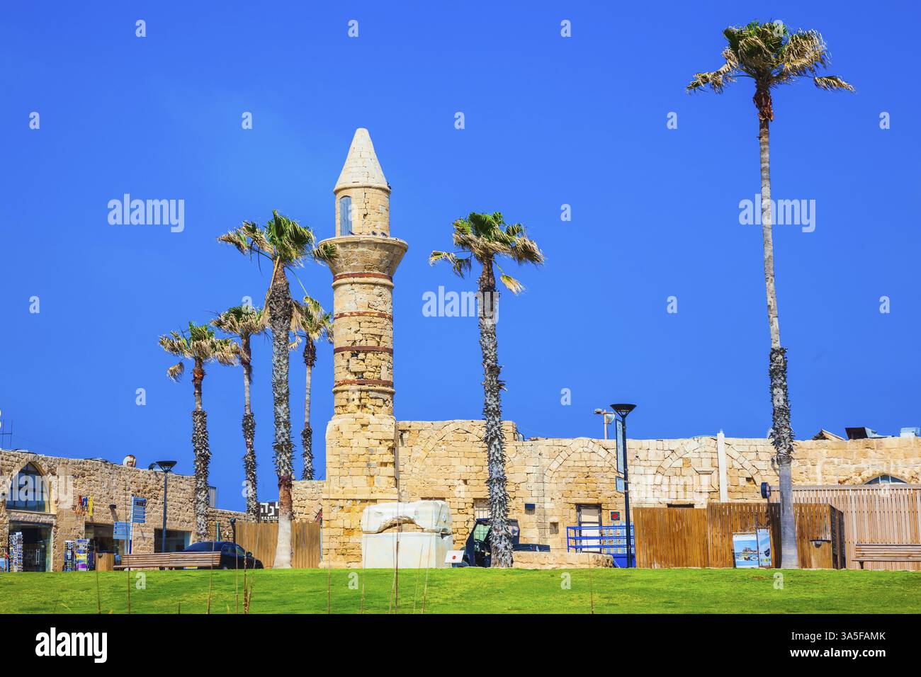 The minaret and walls of Arab period of Caesarea. National park ...