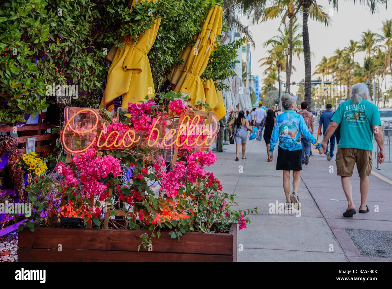Miami Beach, Fl, USA. 22nd Mar, 2025. Ciao Bella sign, flowers and a ...