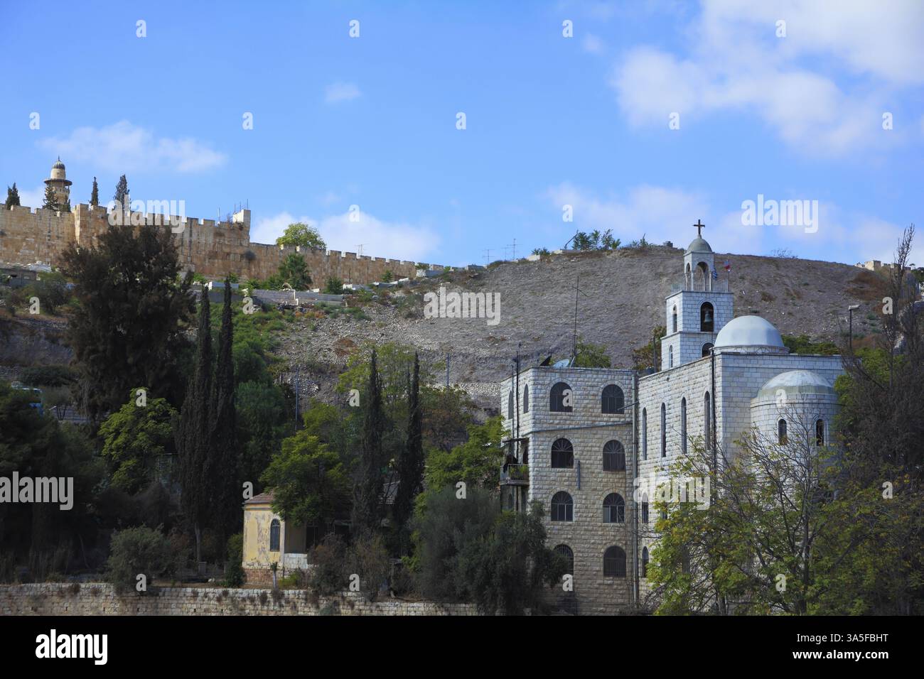 Christian monastery in Jerusalem, Israel. Beautiful bell tower ...