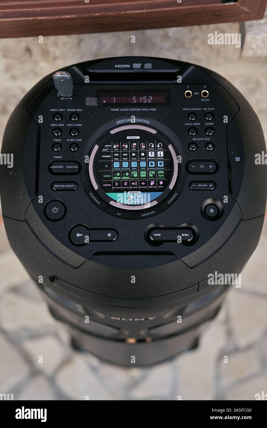 Los Angeles, California, USA - January 22, 2024: Black Sony MHC-V41D music system. Top view ...