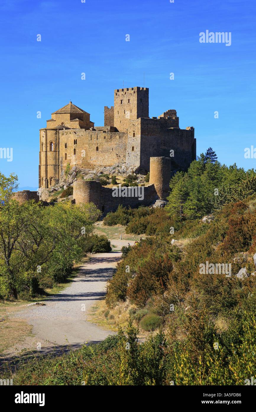 The morning sun. Spanish fortress - Loarre castle. Sunrise. The Spanish ...
