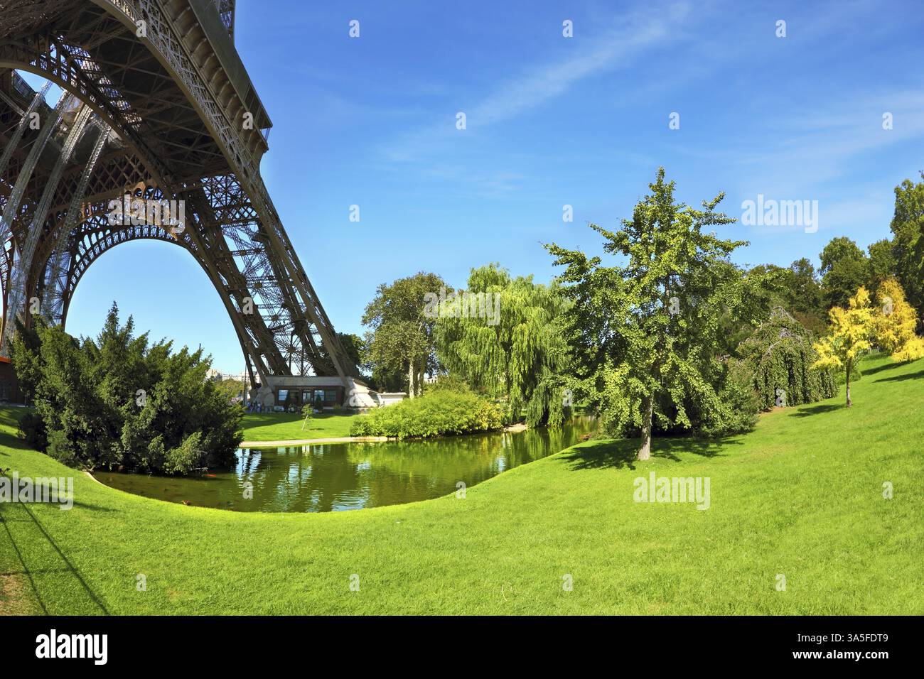 Touring Paris. Park at the foot of the Eiffel Tower. Unexpected angle ...