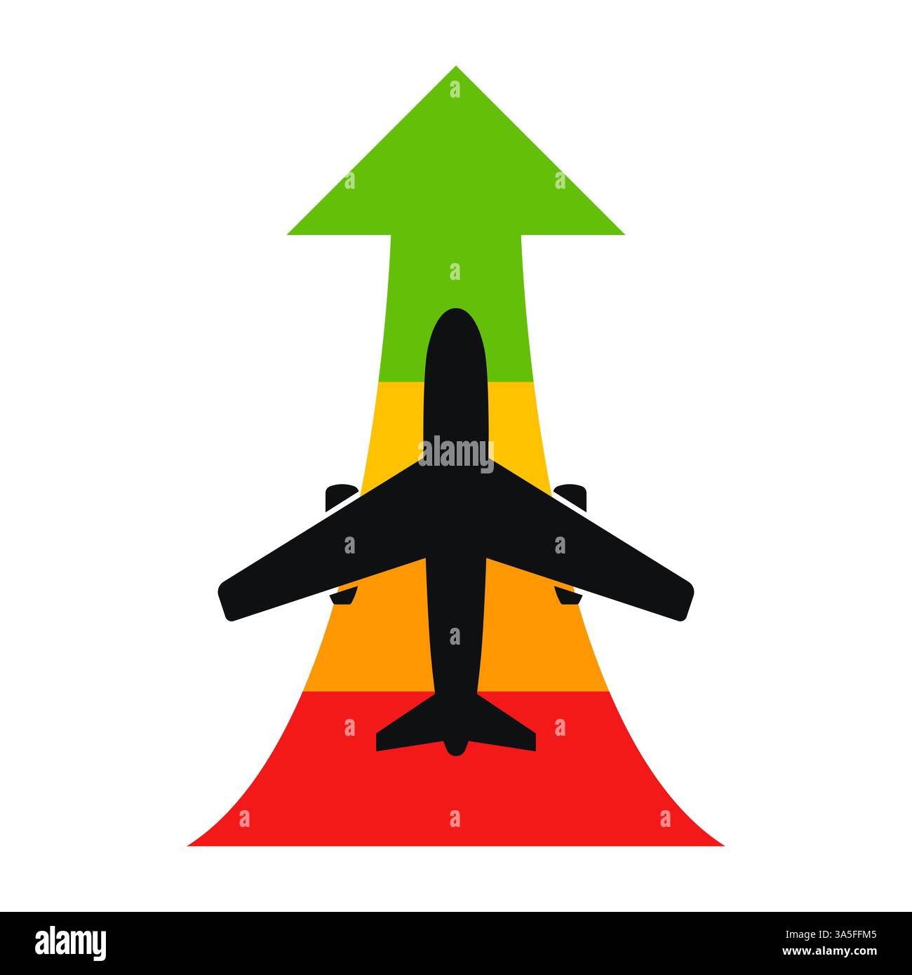 Flat image of black silhouette of passenger plane taking off, arrow ...
