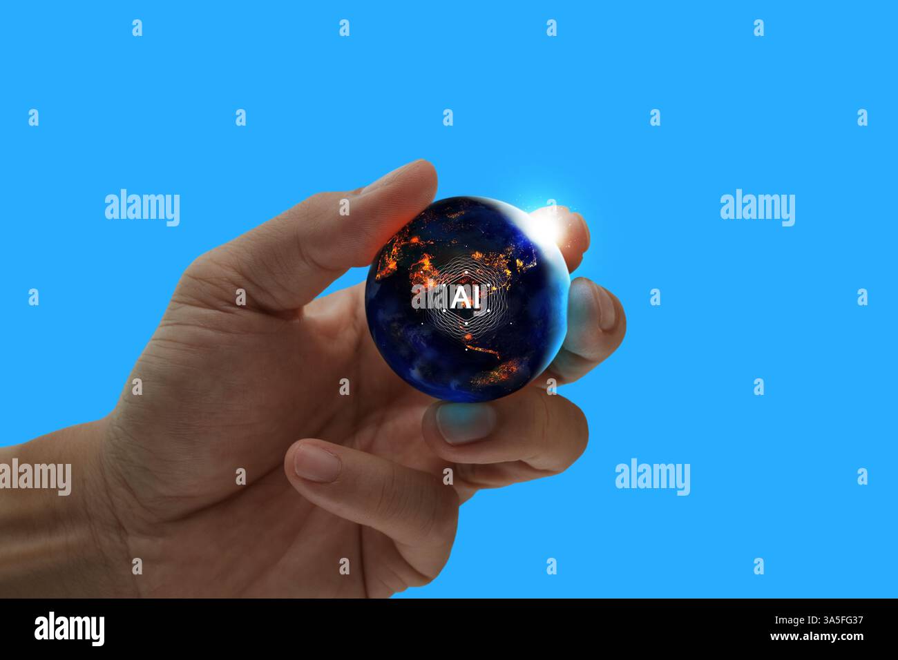 Glowing blue lettering "AI" on shiny neon holographic sphere of ...