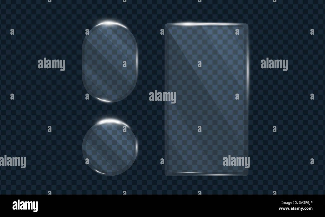 Glass transparent geometric shape frame shining glare set, Glass overlay texture square and ...