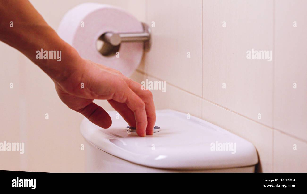 Hand flushing a toilet in a bathroom Stock Photo - Alamy