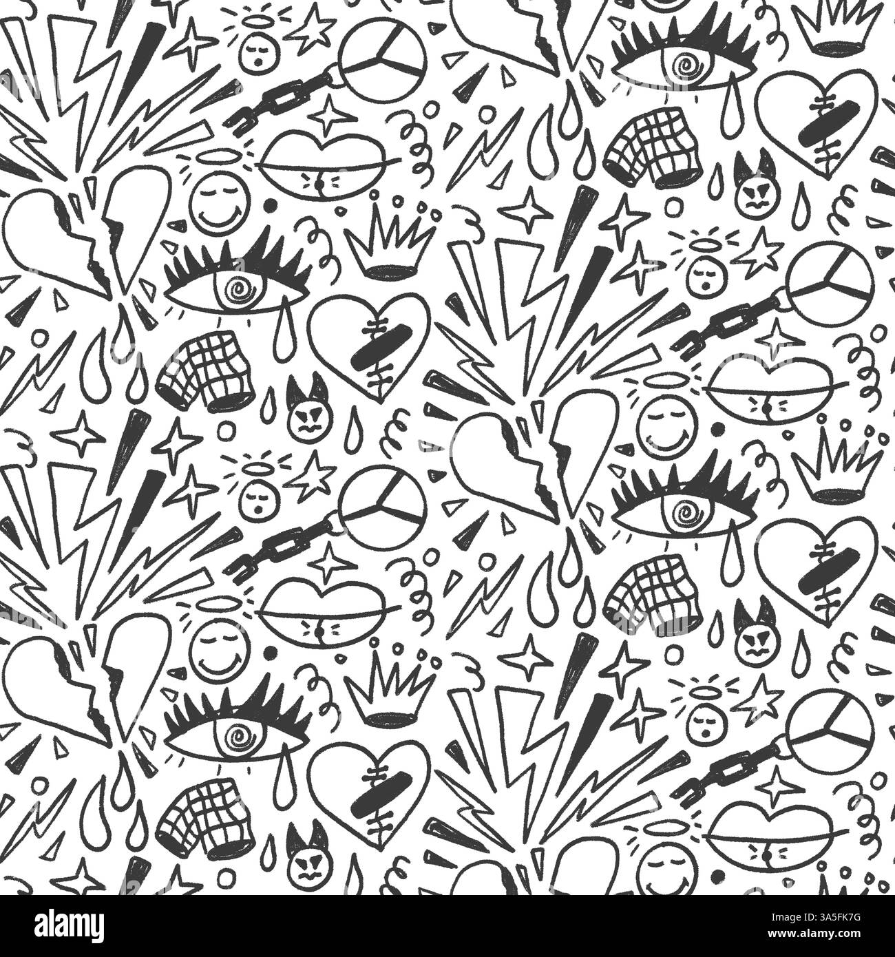 Girly punk rock crayon seamless pattern. Graffiti doodle marker endless ...