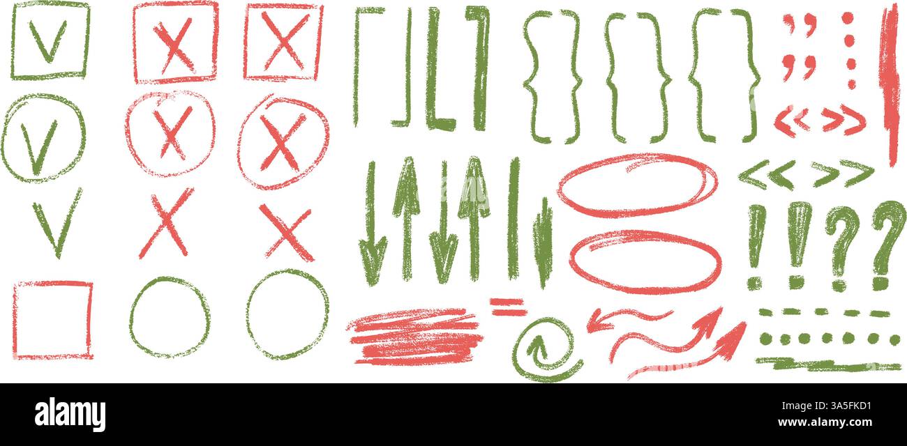 Check marks, arrow doodle set. Crayon underlines, quotation marks ...