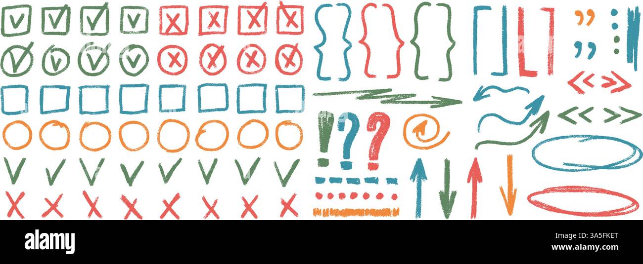 Check marks, arrow doodle set. Crayon underlines, quotation marks ...